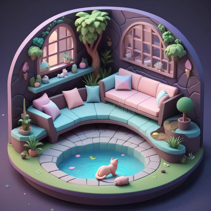 A Low Poly Isometric Stream Room with a Cute Cat Tree Stock ...