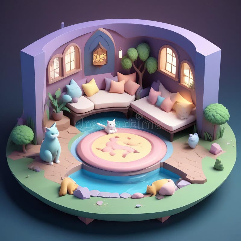 A Low Poly Isometric Stream Room with a Cute Cat Tree Stock ...