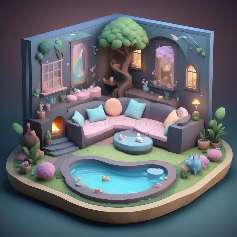 A Low Poly Isometric Stream Room with a Cute Cat Tree Stock ...