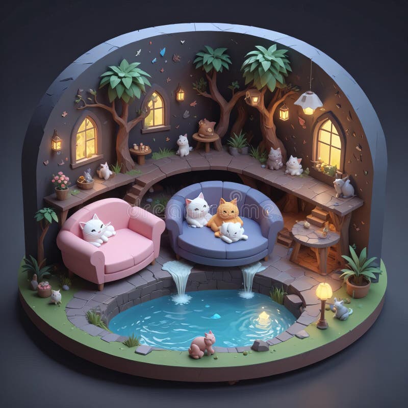 A Low Poly Isometric Stream Room with a Cute Cat Tree Stock ...