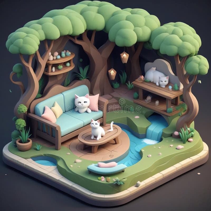 A Low Poly Isometric Stream Room with a Cute Cat Tree Stock ...