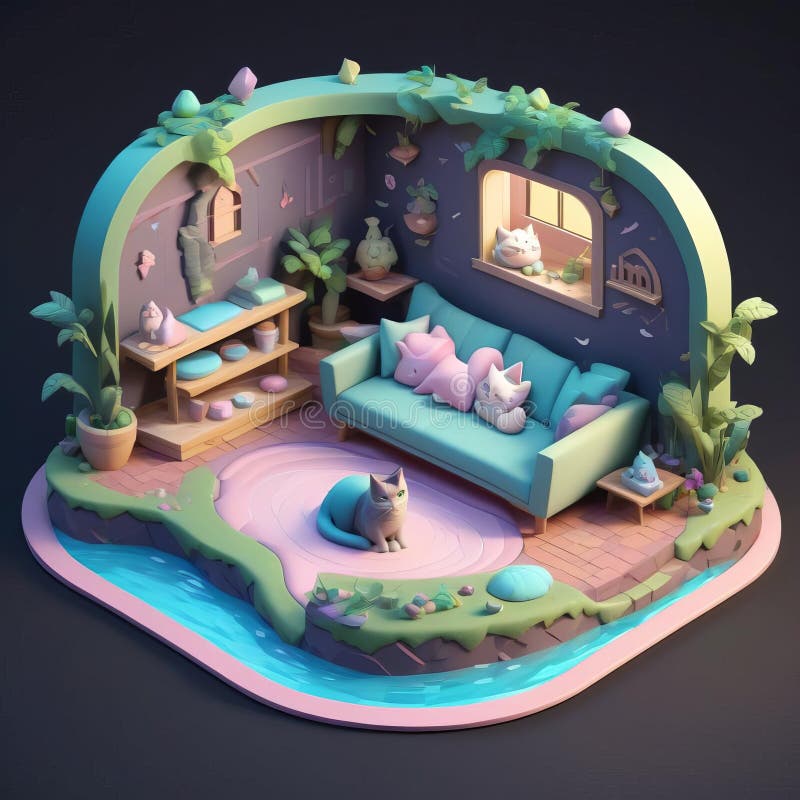 A Low Poly Isometric Stream Room with a Cute Cat Tree Stock ...