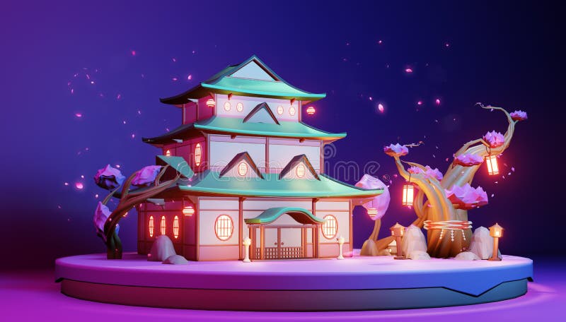 The Low Poly - Japanese on Island in Purple Blue Background .3D ...