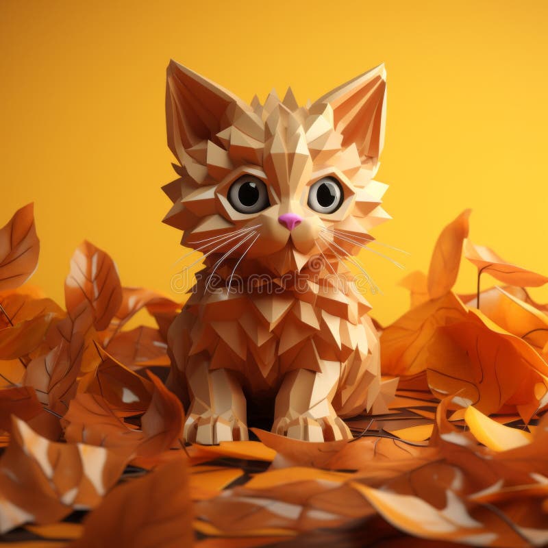 Low Poly Kitty in Autumn Leaves on Yellow Background Stock Illustration ...