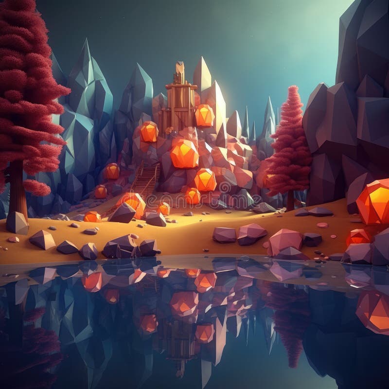 Low Poly Lake Islands Design. Landscape Rendering Design Stock ...