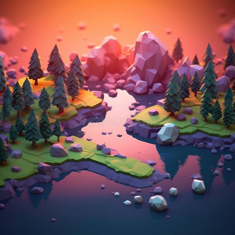Low Poly Lake Islands Design. Landscape Rendering Design Stock ...