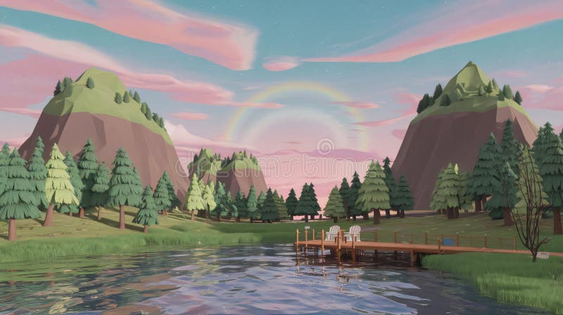 Low Poly Lake Landscape, Serene Sunset with High Quality Image Stock ...