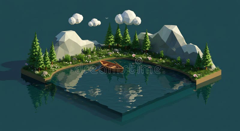 Low Poly Lake Scene with Boat, Trees and Mountains Stock Illustration ...