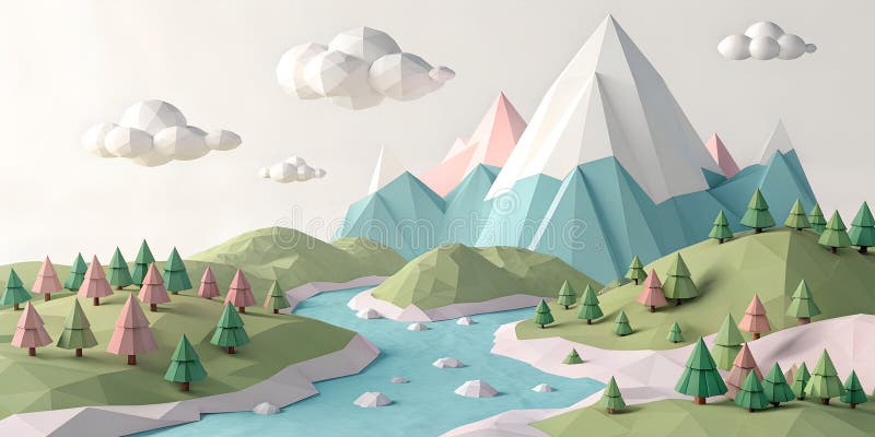 Low Poly Geometric Landscape with Mountains River and Trees Under a ...