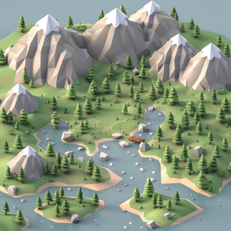 Low Poly Landscape, Featuring a Serene River Flowing through Mountains ...