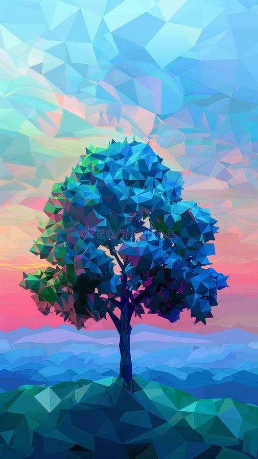 Low Poly Landscape with Geometric Tree at Sunset Stock Photo - Image of ...