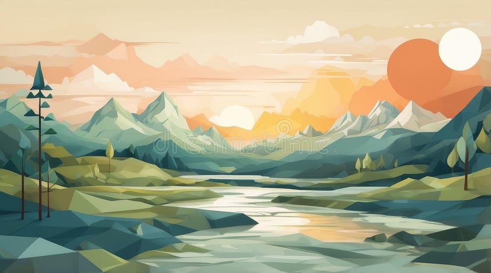 Low-Poly Landscape Vector: Blender Style, Geometric Mountains and River ...
