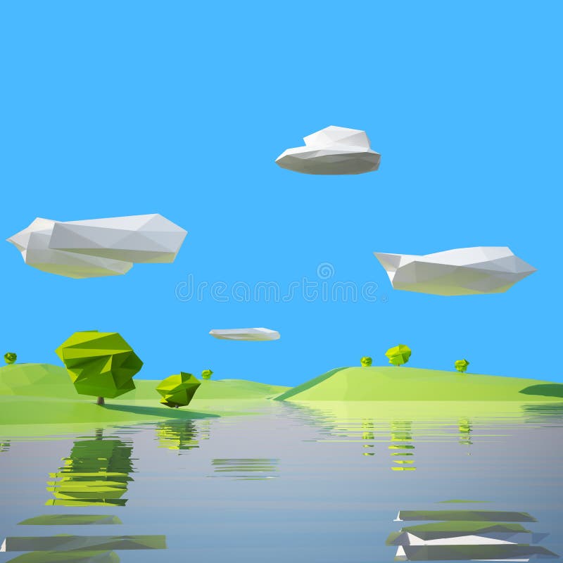Low Poly Landscape with Mountains, Lake, Trees and Swans Stock ...
