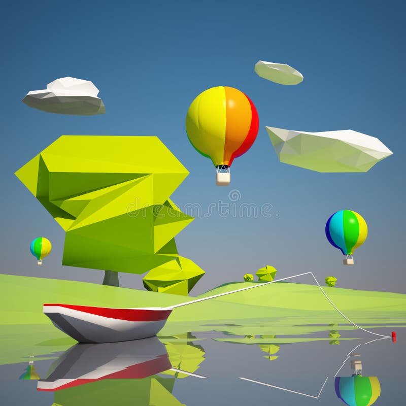 Low Poly Landscape with Mountains, Lake, Trees and Swans Stock ...