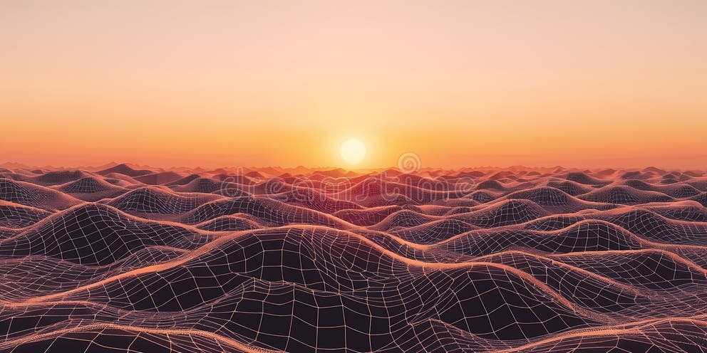 A Low Poly Landscape with a Wireframe Grid Overlay and a Bright Sunset ...