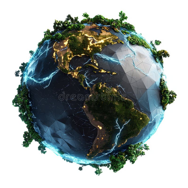 Low Poly Model of a Half-submerged Earth with Glowing Fractal Patterns ...