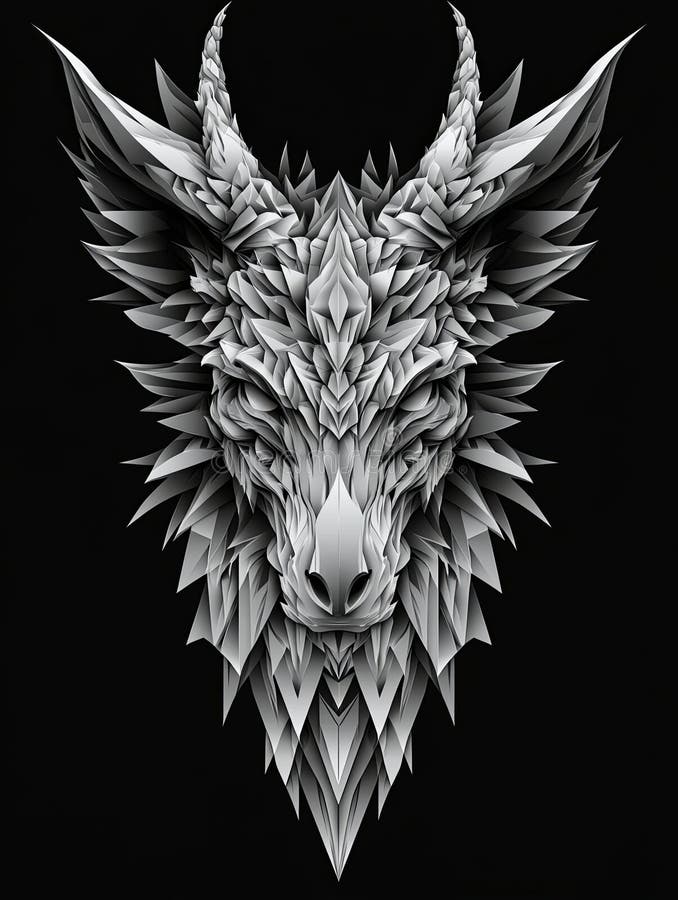 Low-poly Monochrome Dragon Head, Sharp Angles, Fierce Expression ...