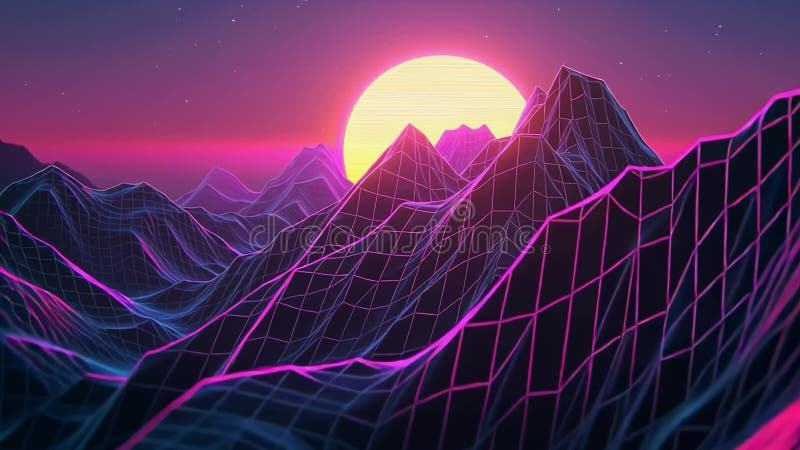 Synthwave Retro Landscape Shining Sun, Purple and Blue Grid Mountains ...