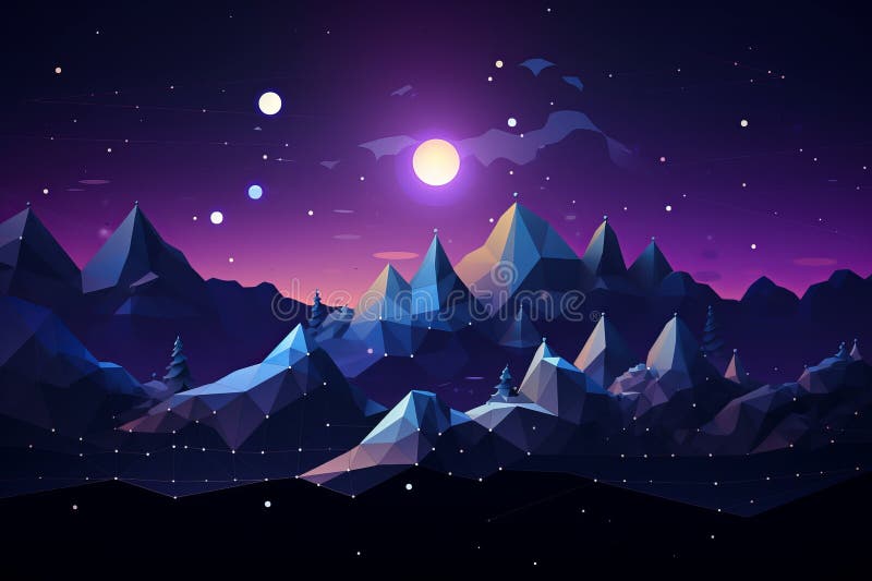 Low Poly Mountains at Night with Stars and Moon in the Background Stock ...