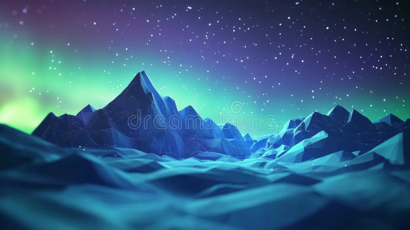 Low Poly Mountains Under Aurora Borealis Night Sky Stock Illustration ...