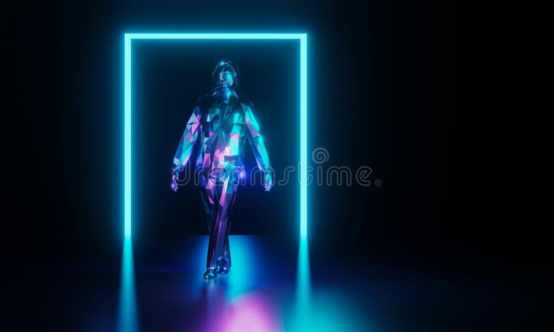 Low Poly Neon Color Robor Walking, Standing on Reflection Floor with ...