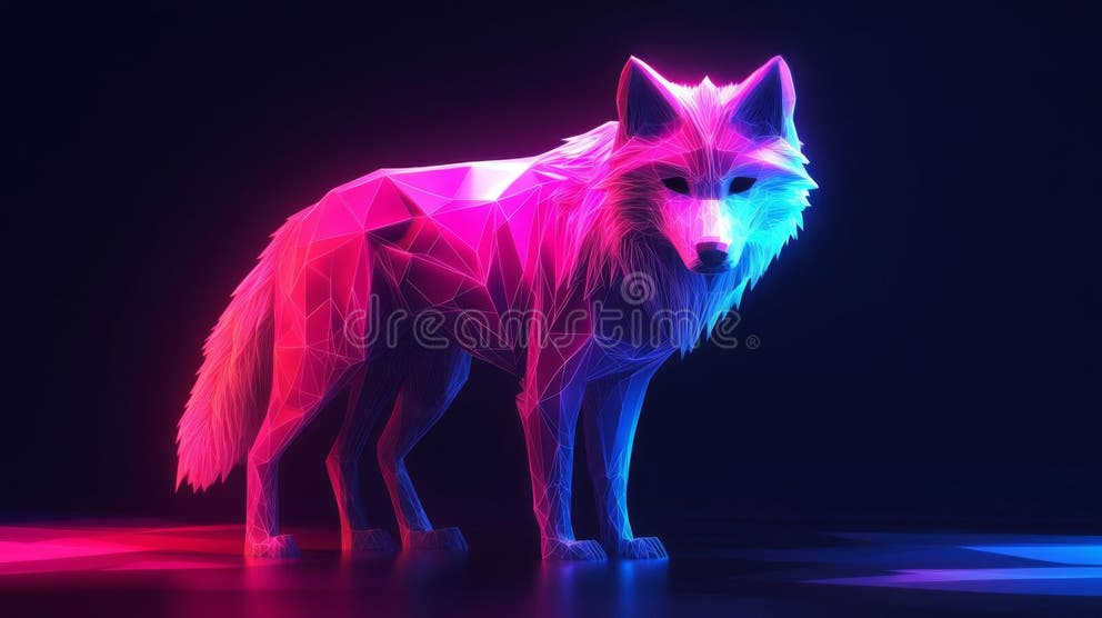 Low Poly Neon Wolf in Dark Background Stock Illustration - Illustration ...