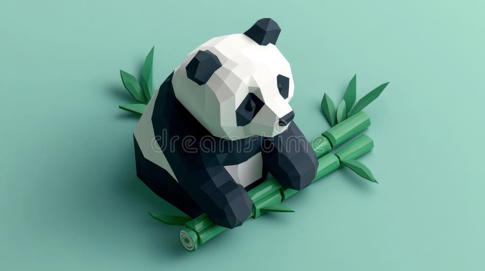 Low Poly Panda with Bamboo Shoots on Green Background Stock ...