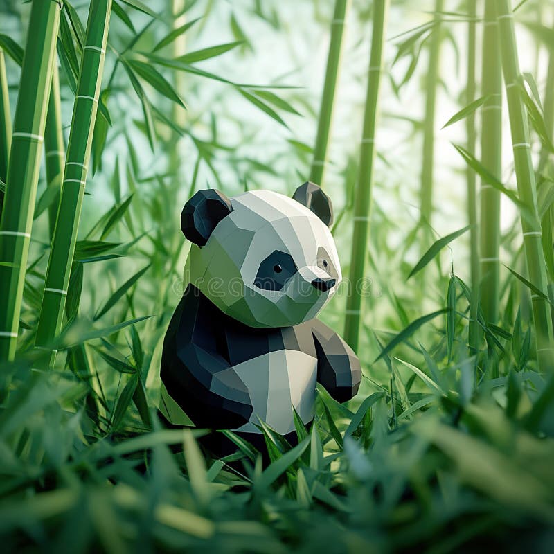 Low-poly Panda Cub in Bamboo Forest, Digital Art Stock Illustration ...