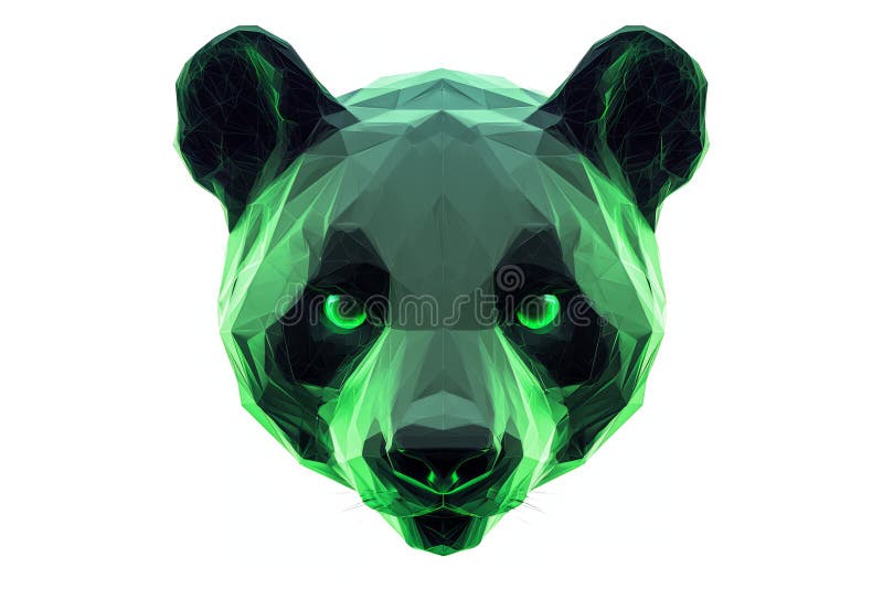 Low Poly Panda Face with Soft Green Glowing Patterns, Isolated Against ...