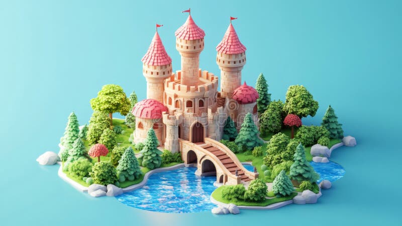 Low Poly Pastel Castle on Island with Bridge Stock Illustration ...