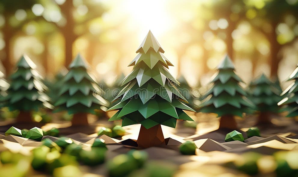 Low-poly Pine Trees in Sunny Forest, 3D Render, Ideal for Eco-friendly Projects Stock ...