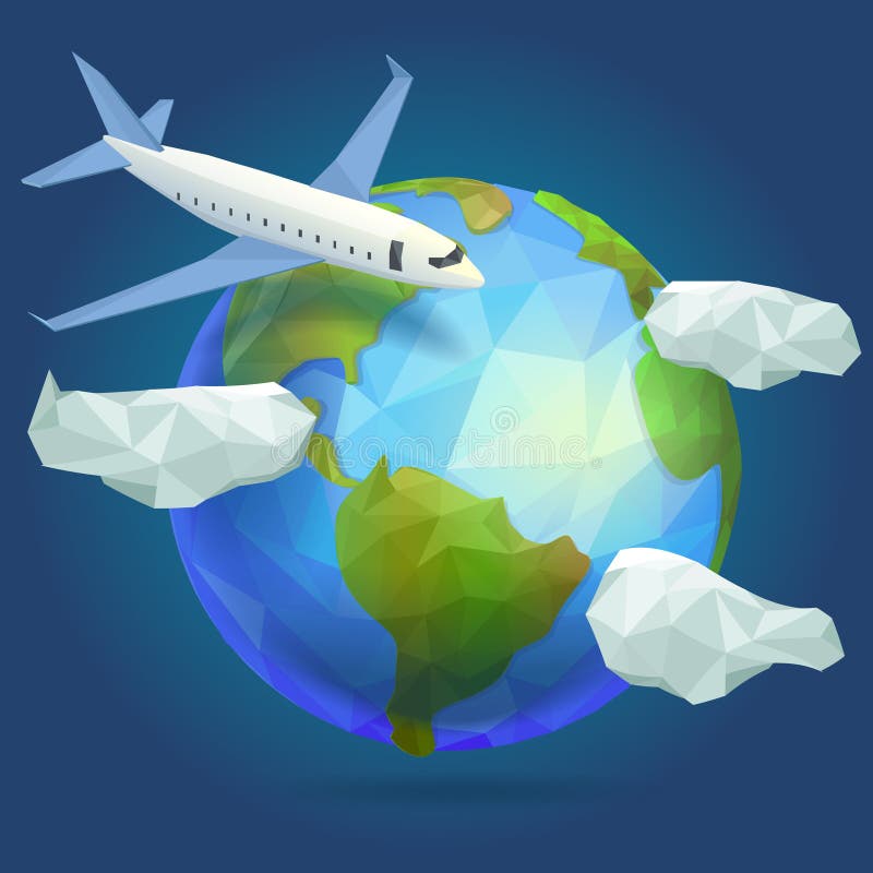 Low Poly Planet Earth, Plane in the Sky with Clouds Stock Illustration ...