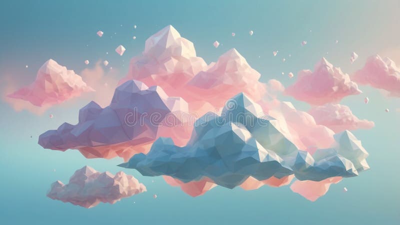 Low Poly Clouds Floating in a Pastel Sky with Geometric Shapes and Soft ...