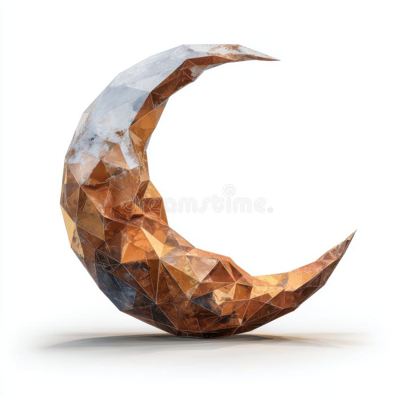 Low Poly Bronze and Gold Crescent Moon with White Accents on White ...