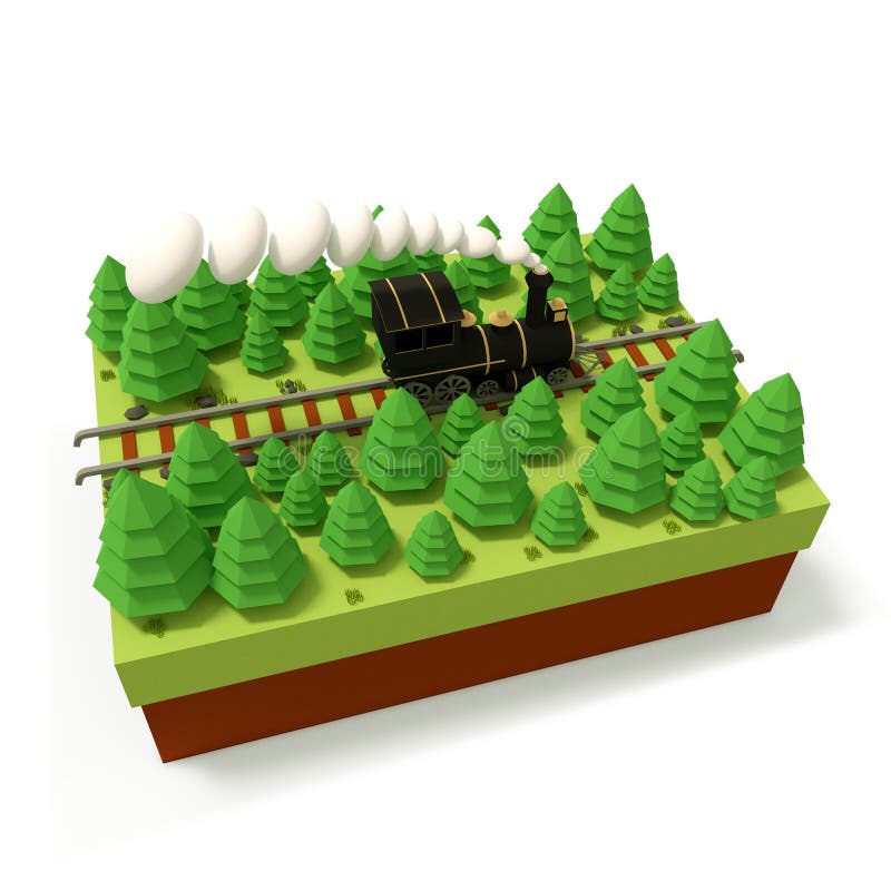 Low Poly Rendering of a Train Scene, 3d Illustration Stock Illustration ...