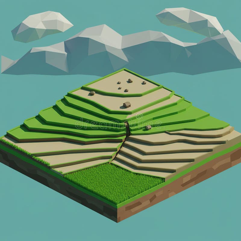 Low Poly Rice Terraces Illustration with Clouds and Green Fields Stock ...
