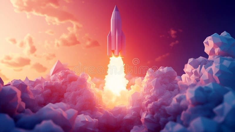 Low Poly Rocket Launch Sunrise Dramatic Scene Space Exploration Startup ...