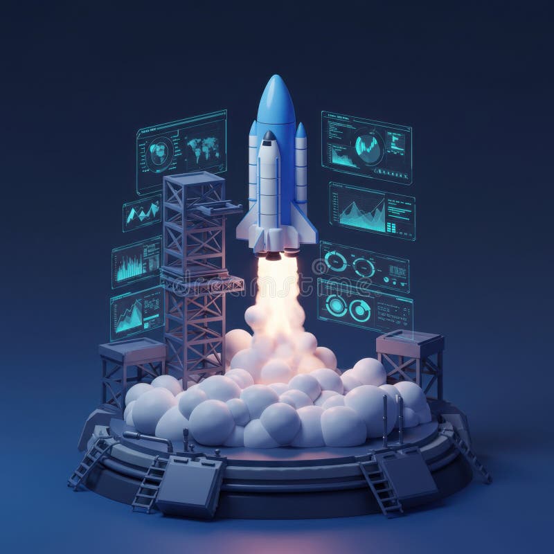 Low Poly Rocket Launching with Digital Data Screens Stock Illustration ...