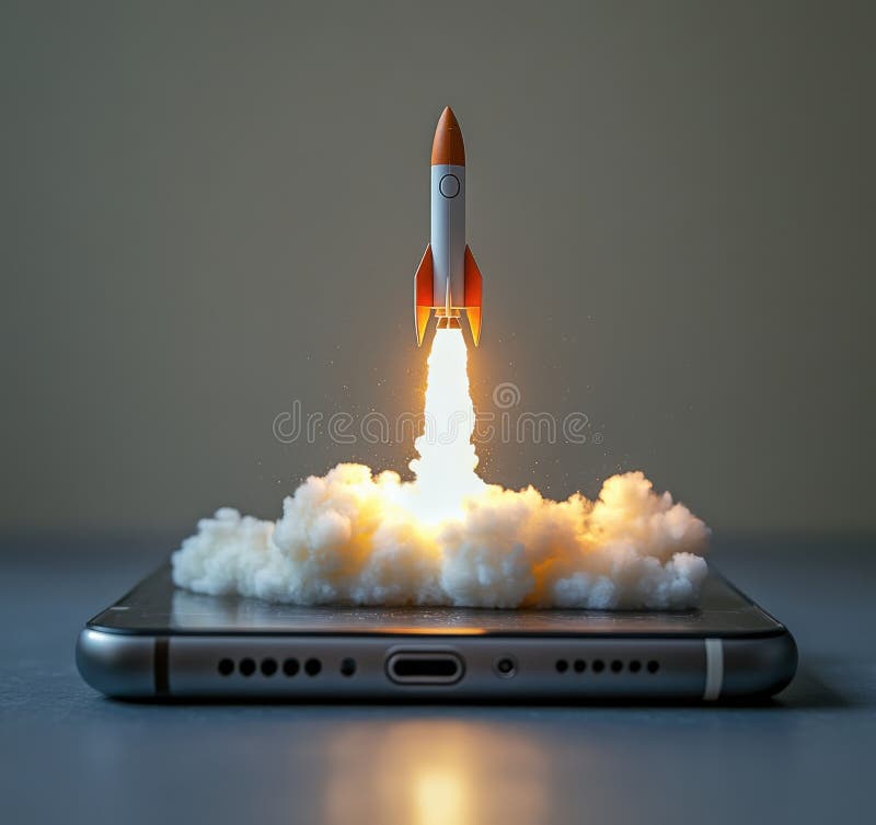 Low Poly Rocket Launching from Smartphone Screen Stock Illustration ...