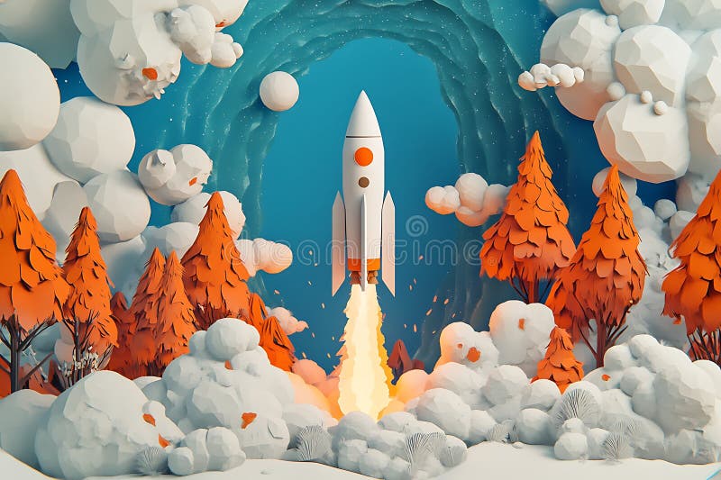 Low Poly Rocket Launching from Winter Forest Scene, 3D Render ...