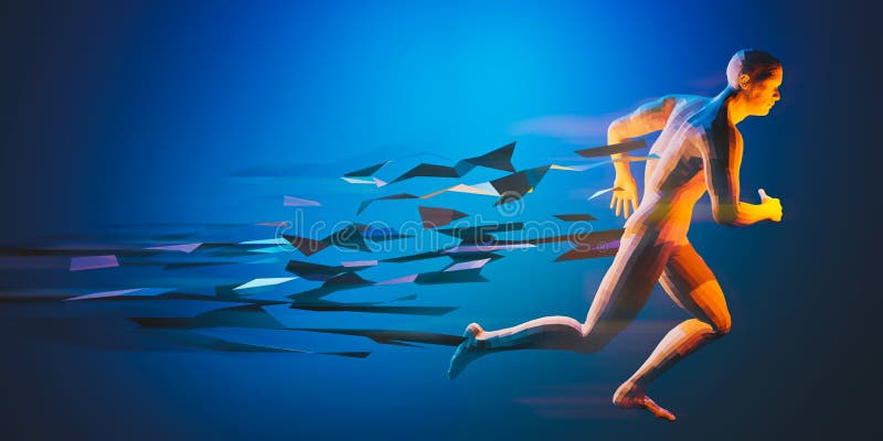 Low Poly Runner with Small Traingle on Blue Background. Speed, Run ...
