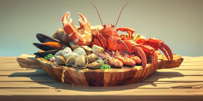 Low Poly Seafood Platter with Lobster, Crab, and Mussels Stock ...
