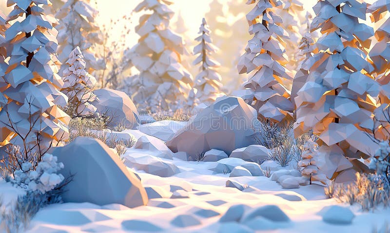 Low Poly Snowy Forest Path at Sunrise Stock Illustration - Illustration of blizzard, peaceful ...