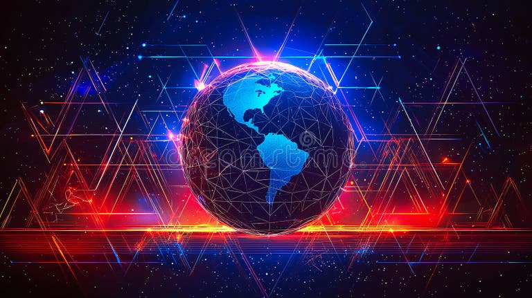 A Low Poly Sphere in Motion Against an Abstract Neon Triangular Grid ...