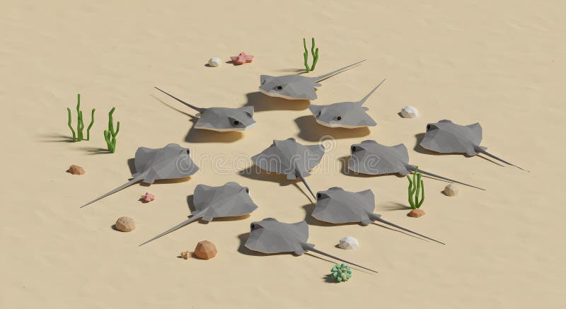 Low Poly Stingray Aggregation on Sandy Beach: a 3D Render of Aquatic ...