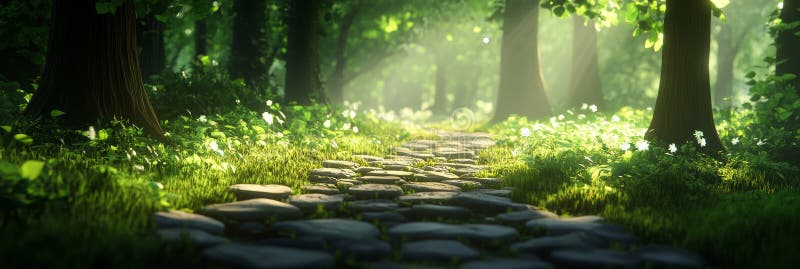 Low Poly Stone Pathway through Sunlit Forest Showcasing a Serene Path ...