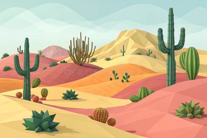 Low Poly Style, Desert Landscape, Cacti and Sand Dunes, Vibrant ...