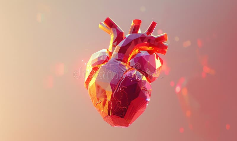 Low Poly Style Illustration of a Human Heart on Red Background Stock ...