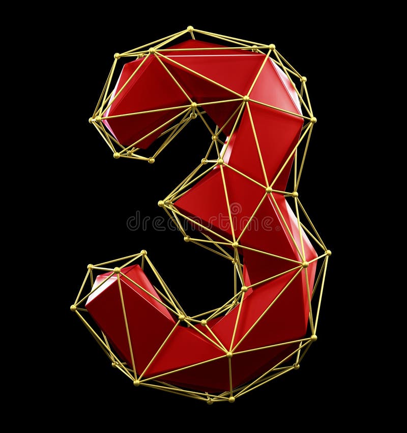 Low Poly Style Number 3. Red and Gold Color Isolated on Black ...