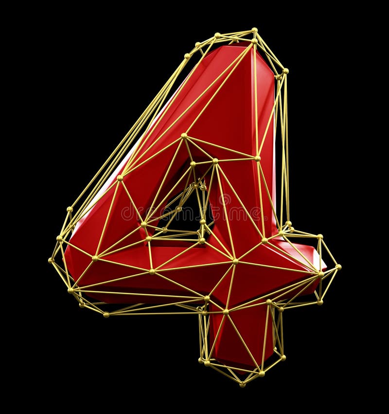 Low Poly Style Number 4. Red and Gold Color Isolated on Black ...